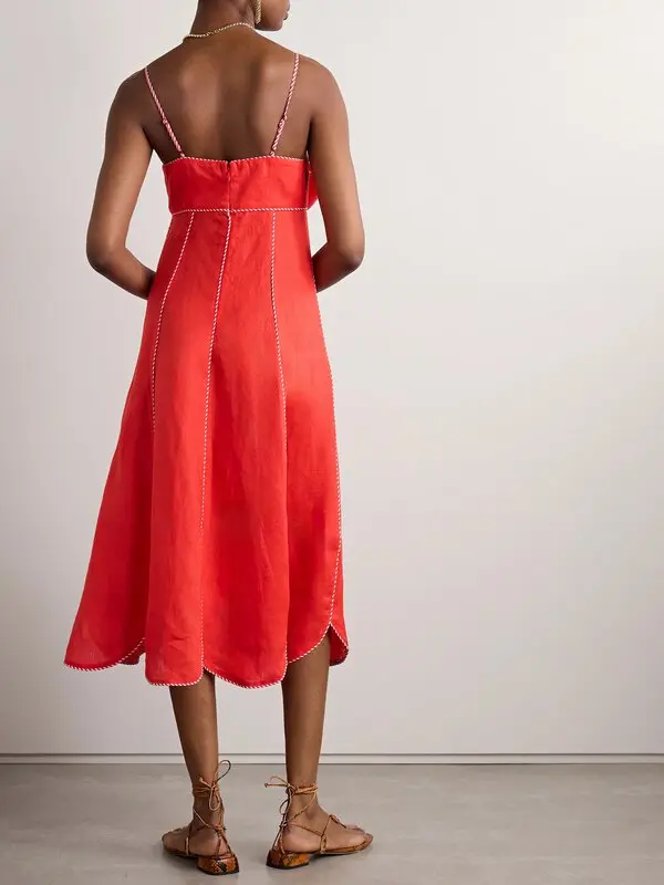 Farm Rio Bow-Embellished Scalloped Linen Midi Dress In Red - 50% Off |  Editorialist