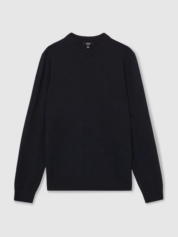 REISS Vince Wool Argyle Crew-neck Jumper - Navy