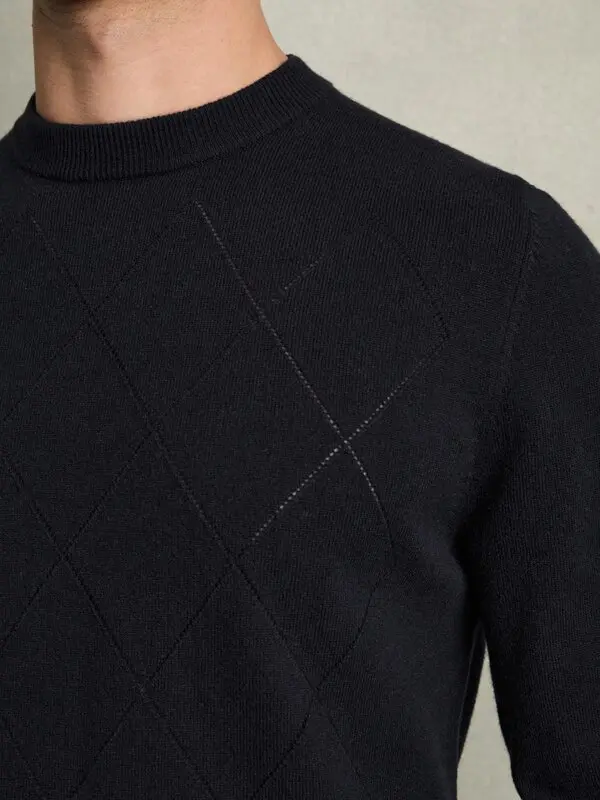 REISS Vince Wool Argyle Crew-neck Jumper - Navy