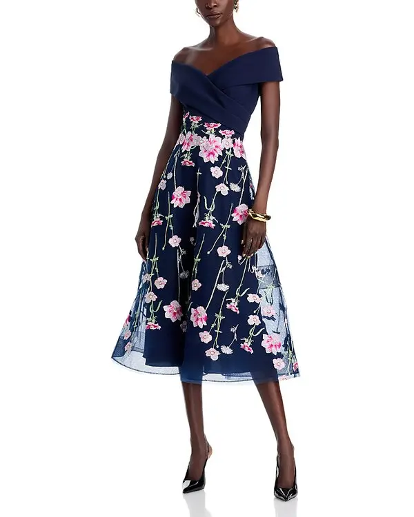 Rickie Freeman For Teri Jon Crepe Tulle Dress - Navy Multi
