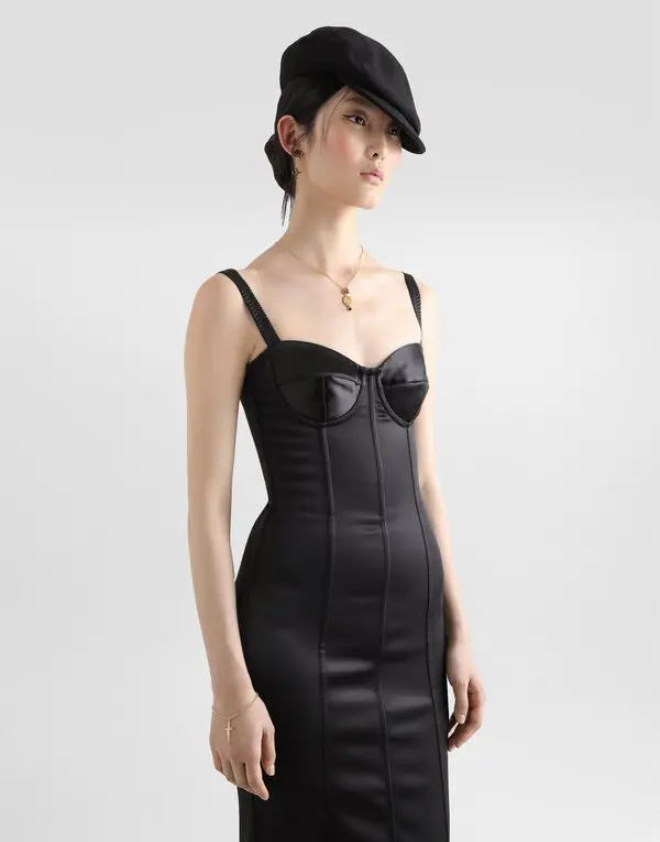 Dolce & Gabbana Satin Corset Calf-length Dress With Bra Detail - Black