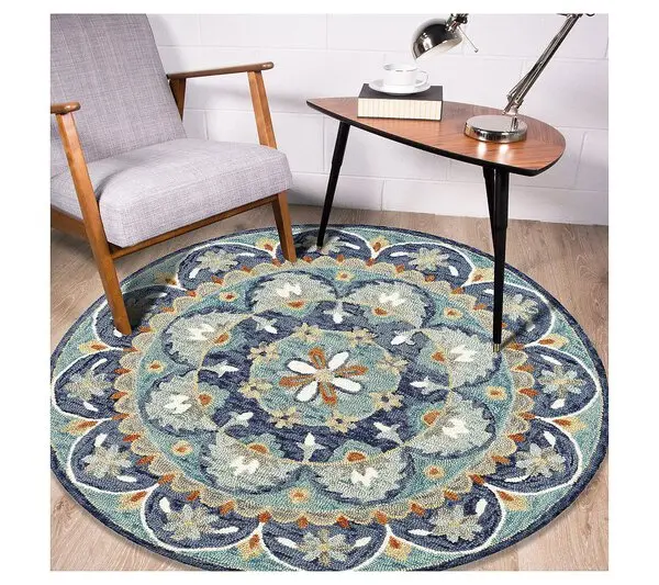 OX BAY TRADING CO. Ox Bay Teal/blue Floral Medallion Wool Indoor 4 Round Rug - One-color