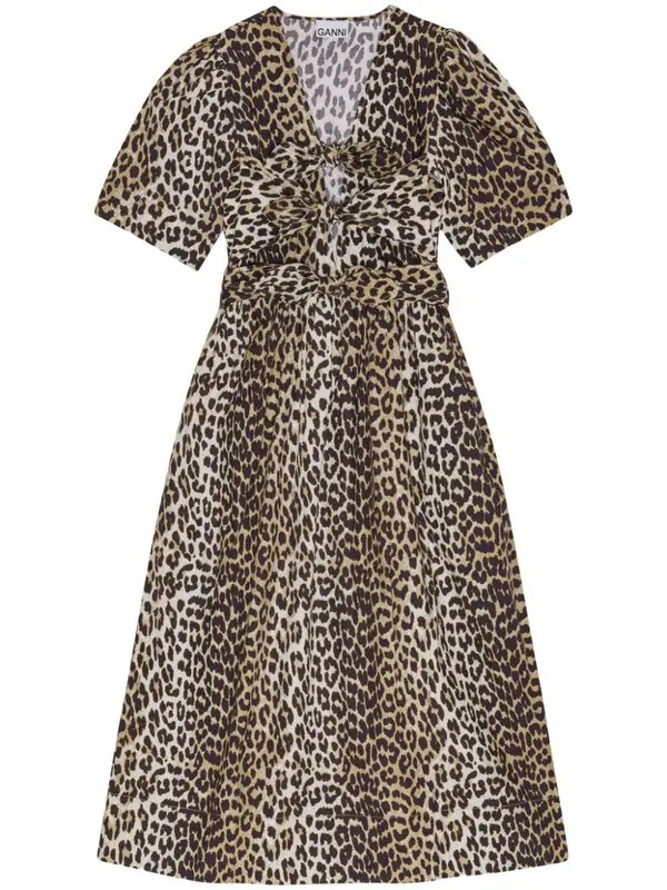 GANNI Leopard Print V-neck Short Sleeve Cotton Dress