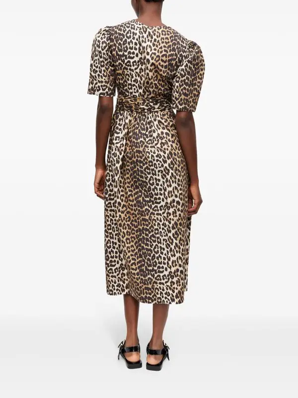 GANNI Leopard Print V-neck Short Sleeve Cotton Dress