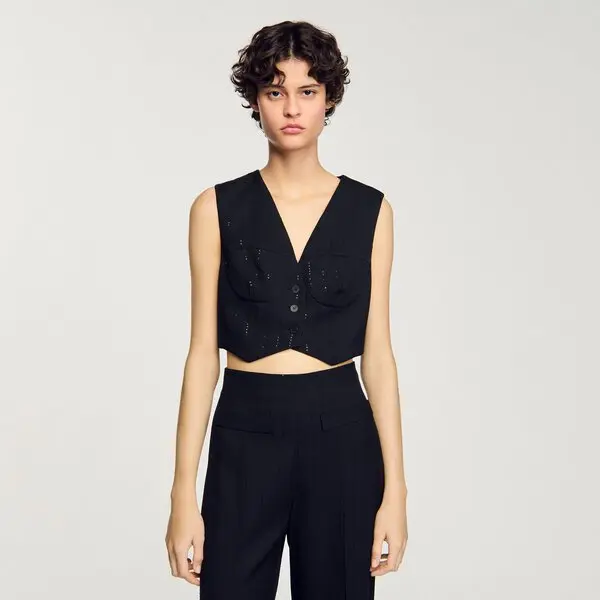 Sandro Striped Sequin Cropped Vest - Black