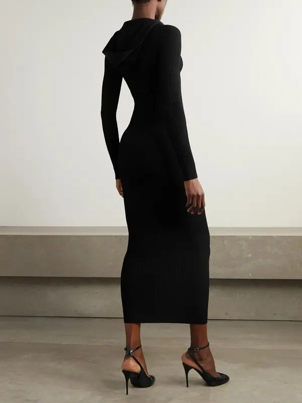 Alaïa Hooded Ribbed-knit Midi Dress
