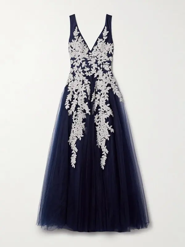 Costarellos Bead-embellished Embroidered Tulle Gown
