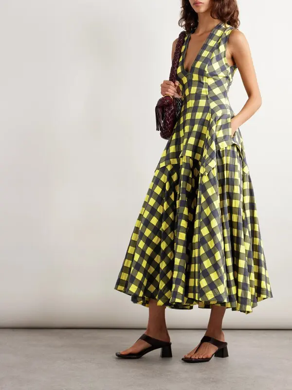 Bottega Veneta Pleated Paneled Checked Cotton Midi Dress
