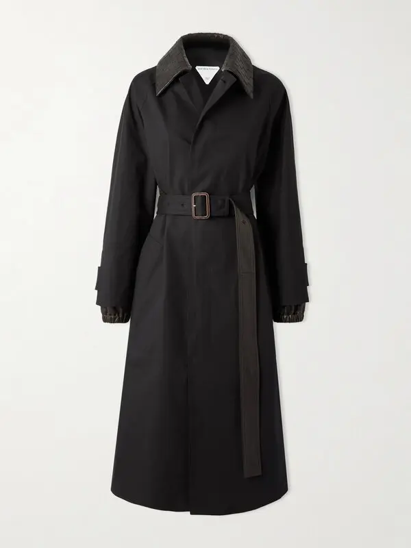 Bottega Veneta Intrecciato-Collar Belted Trench Coat - Black