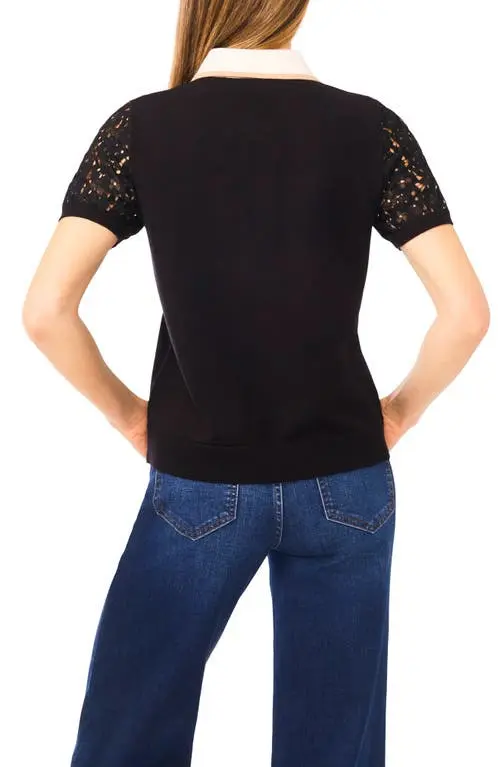 CECE DUPRAZ Lace Sleeve Polo Sweater - Rich Black