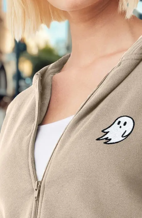 DALIX Cropped Ghost Embroidered Zip Hoodie