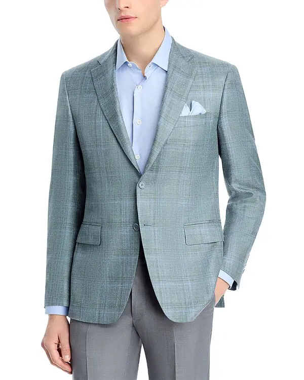 Canali Siena Wool, Silk & Linen Plaid Sport Coat - Sage Green/ Light Blue
