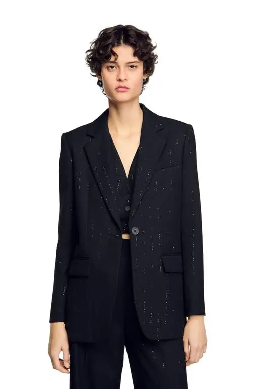 Sandro Sequinned Striped Suit Jacket - Black