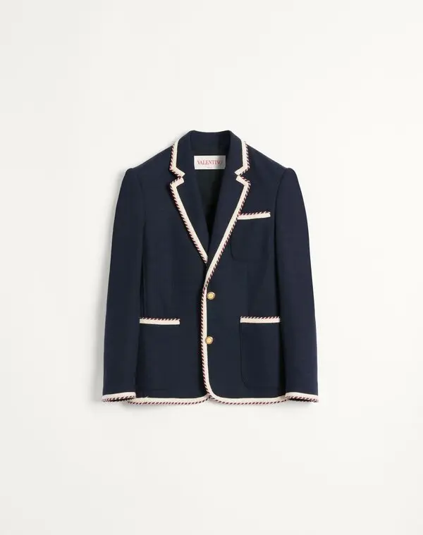 Valentino Garavani Single-breasted Jersey Cotton Jacket With Torchon Piping - Navy