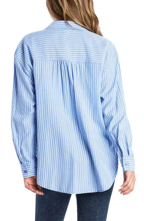 BILLY T Stripe Linen Blend Button-up Shirt - Denim Blue Stripes
