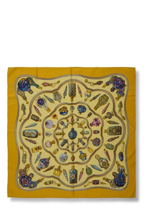 Hermès Multicolor 'qu'importe Le Flacon' Silk Scarf 90 - Yellow