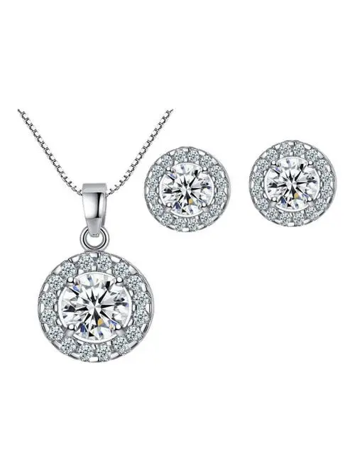 HOLLYWOOD SENSATION Halo Cubic Zirconia Necklace And Earrings Set - Silver