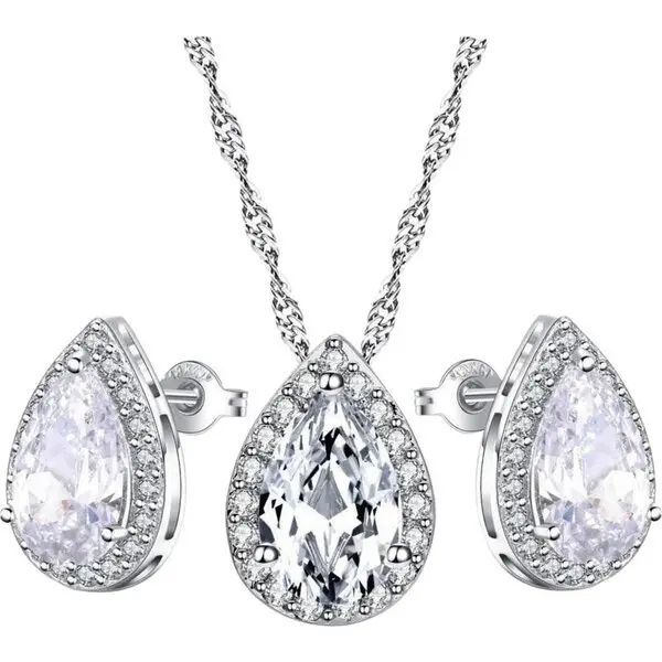 HOLLYWOOD SENSATION Teardrop Crystal Necklace And Earring Set - Silver