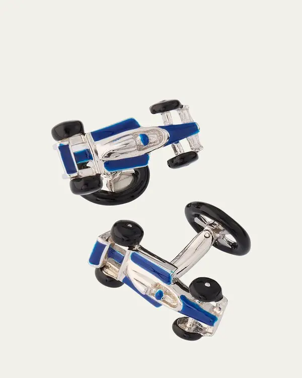 JAN LESLIE Sterling Silver Enamel Race Car Cufflinks - Blue
