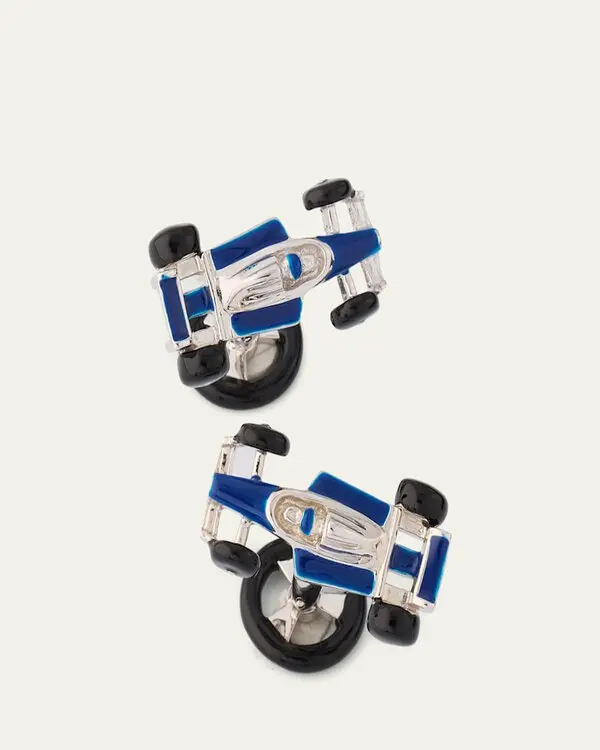 JAN LESLIE Sterling Silver Enamel Race Car Cufflinks - Blue