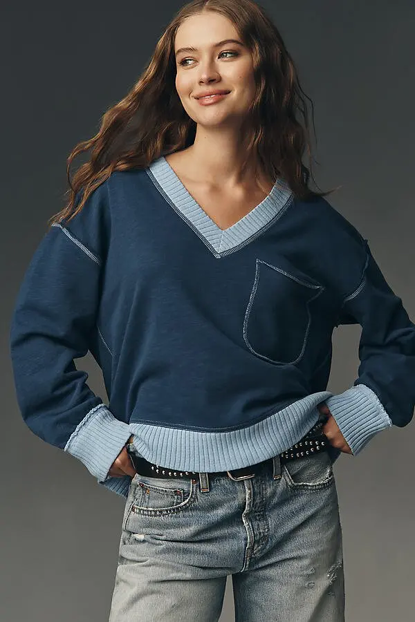 PILCRO Montana Pocket Knit Top - Blue Pattern