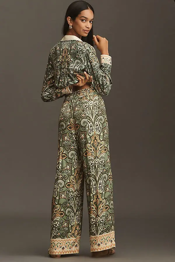 CONDITIONS APPLY Imara Satin Wide-leg Pants - Green Pattern