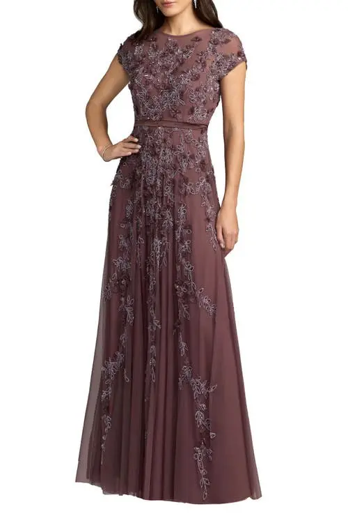 Mac Duggal Floral Embellished Mesh Gown - Heather