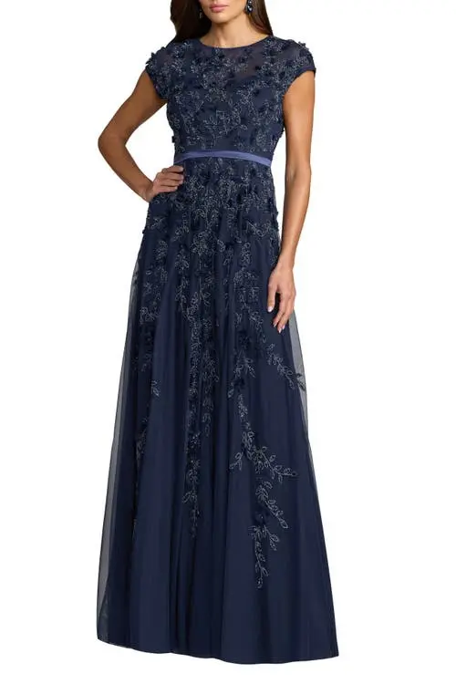 Mac Duggal Floral Embellished Mesh Gown - Midnight