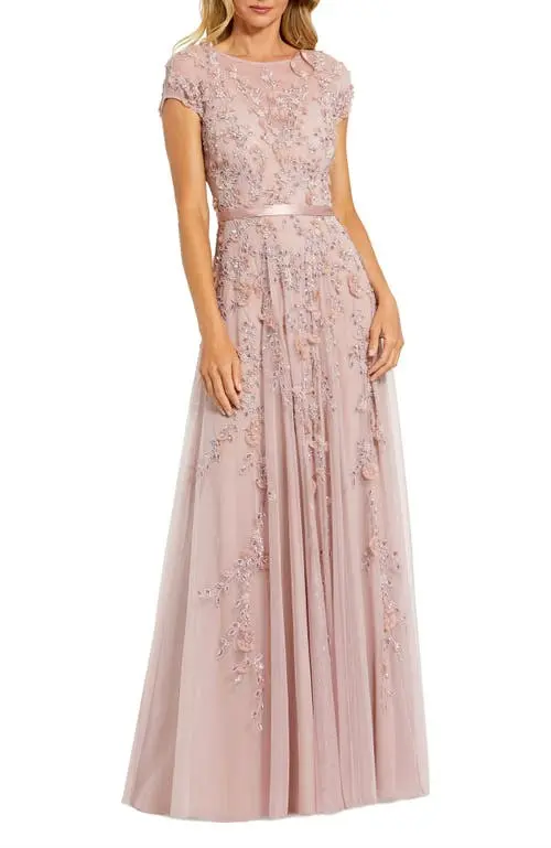 Mac Duggal Floral Embellished Mesh Gown - Mocha