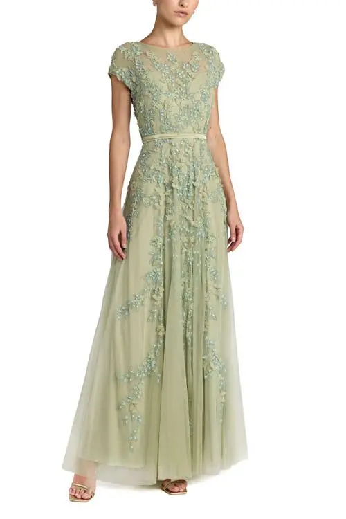Mac Duggal Floral Embellished Mesh Gown - Sage