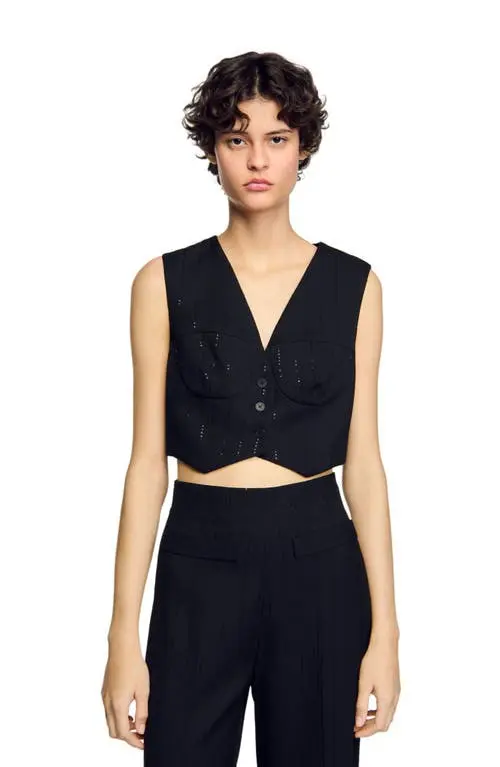 Sandro Sequin Striped Cropped Jacket - Black