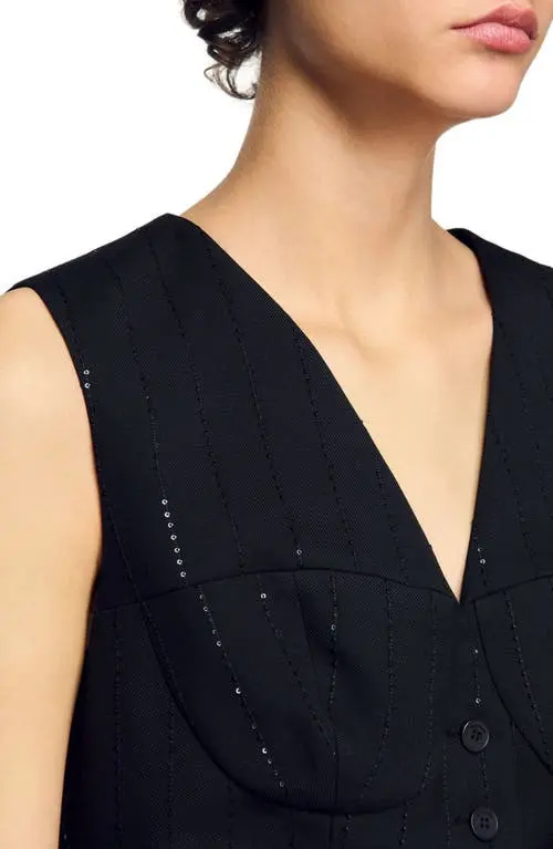 Sandro Sequin Striped Cropped Jacket - Black