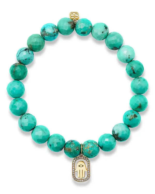 SYDNEY EVAN 14k Yellow Gold, Turquoise, And Diamond Hamsa Hand Stretch Bracelet - Gold/blue