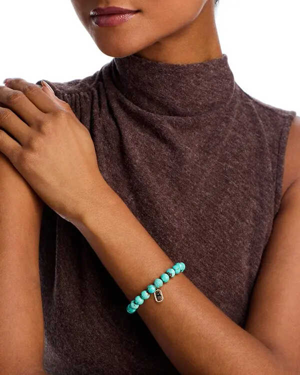 SYDNEY EVAN 14k Yellow Gold, Turquoise, And Diamond Hamsa Hand Stretch Bracelet