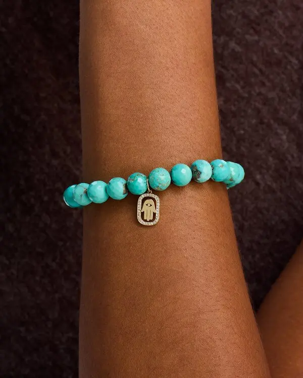 SYDNEY EVAN 14k Yellow Gold, Turquoise, And Diamond Hamsa Hand Stretch Bracelet
