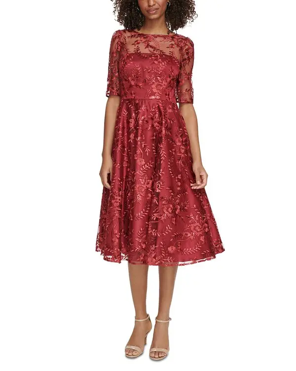 Eliza J Embroidered Mesh Dress In Red - 70% Off | Editorialist