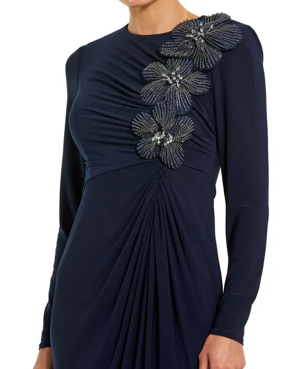 Mac Duggal Jersey Fitted Gown With 3d Flowers