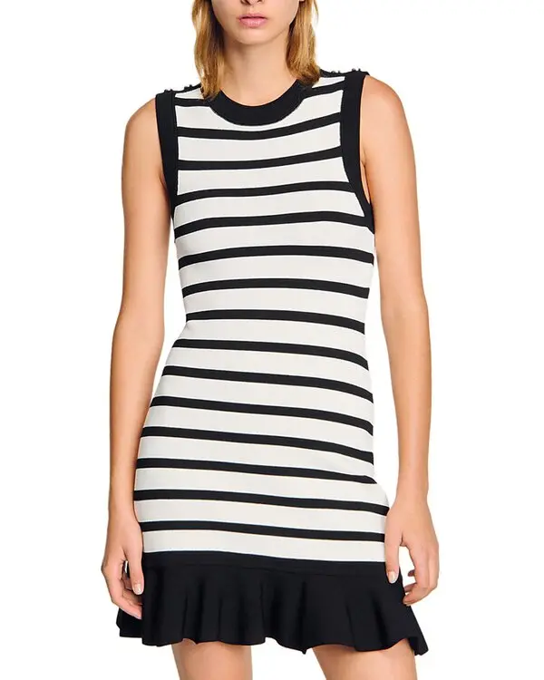 knee length dresses for ladies SANDRO CAMILLE STRIPED KNIT MINI DRESS - WHITE & BLACK