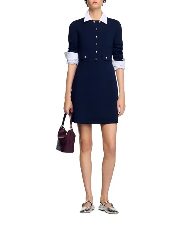 Sandro Short Button-up Knit Dress - Navy Blue