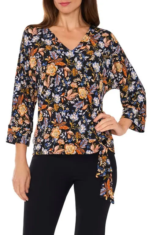 Chaus Floral Print Side Tie Top - Black/ Denim/ Rust