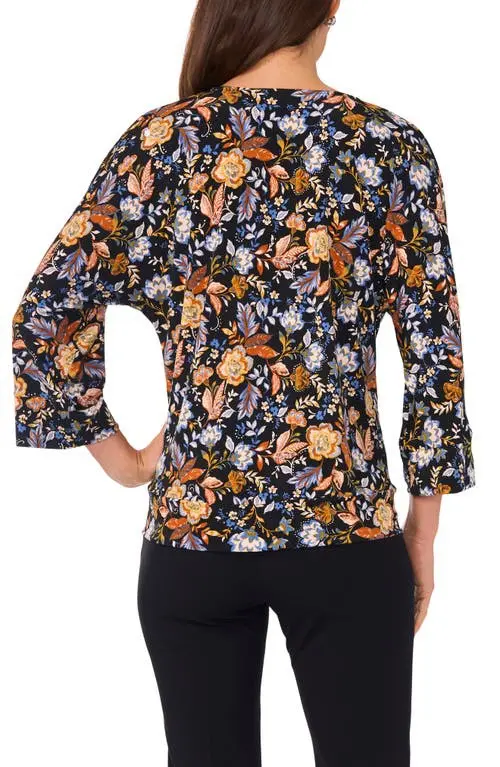 Chaus Floral Print Side Tie Top - Black/ Denim/ Rust