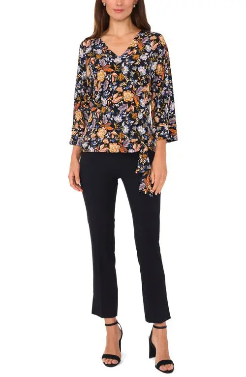 Chaus Floral Print Side Tie Top - Black/ Denim/ Rust
