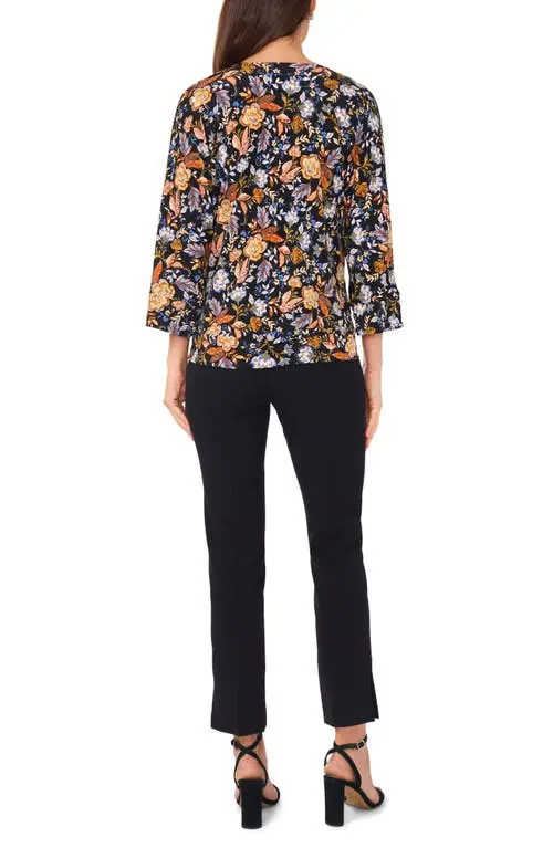 Chaus Floral Print Side Tie Top - Black/ Denim/ Rust