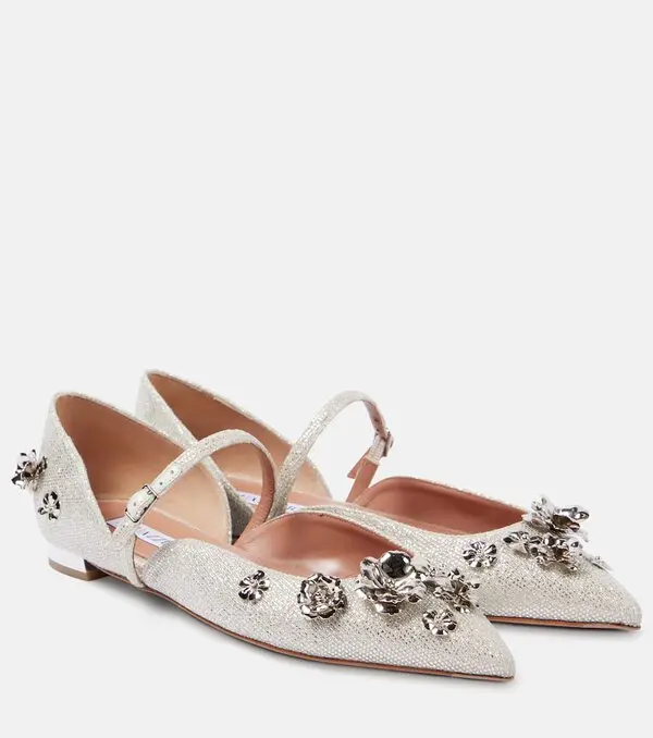 AQUAZZURA Bloom Embellished Ballet Flats - Silver