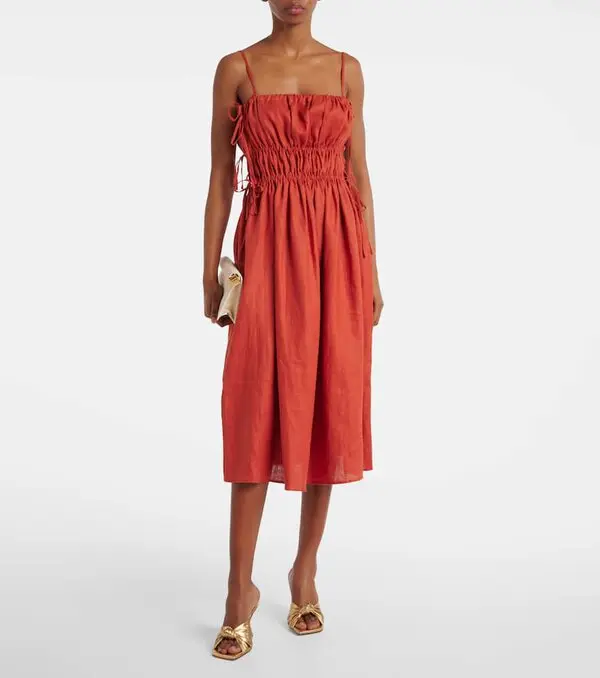 Asceno Eze Ruched Linen Midi Dress