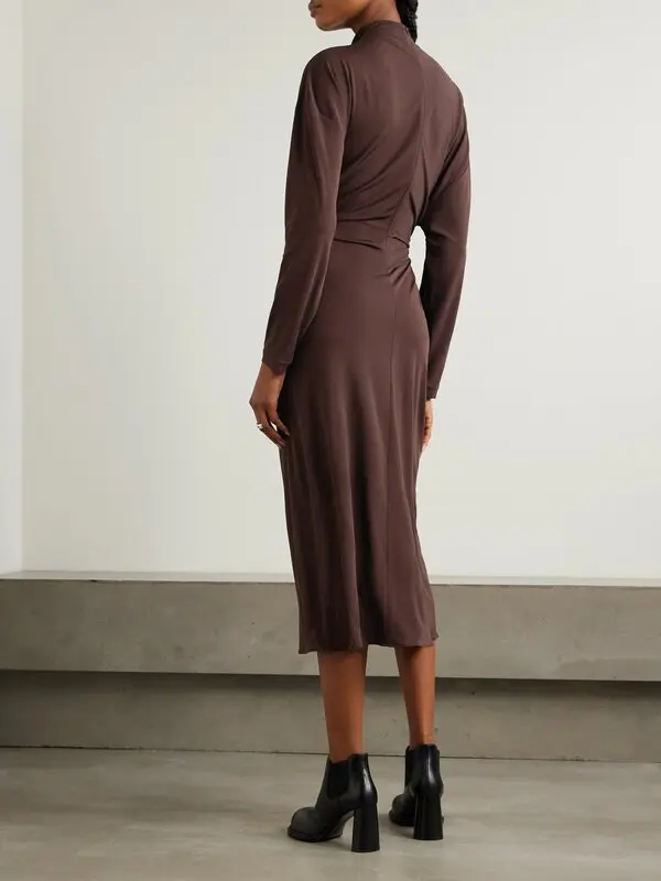 Bottega Veneta Gathered Crepe-jersey Midi Dress - Brown