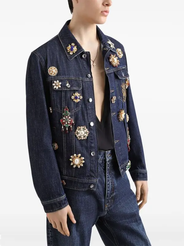 Dolce & Gabbana Crystal-Embellished Denim Jacket - Blue | Editorialist