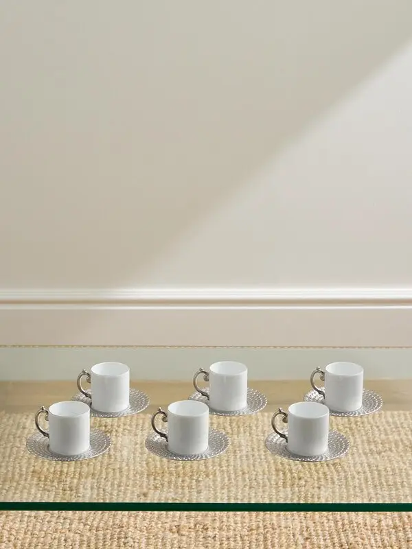 L'Objet Corde Set Of Six Platinum-plated Porcelain Espresso Cups And Saucers - White
