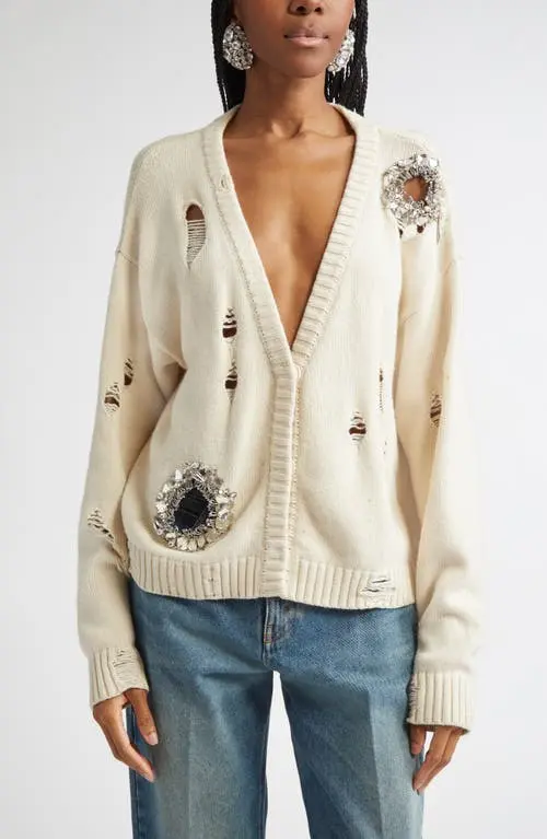 AREA Distressed Crystal Cardigan - Cream