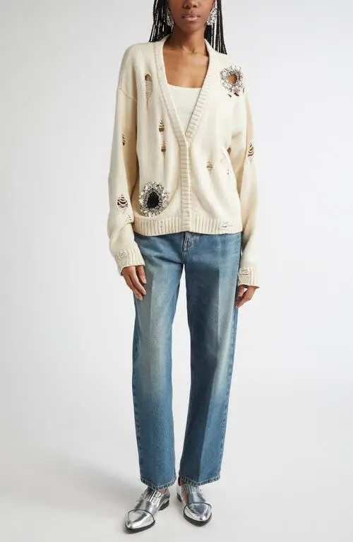 AREA Distressed Crystal Cardigan - Cream